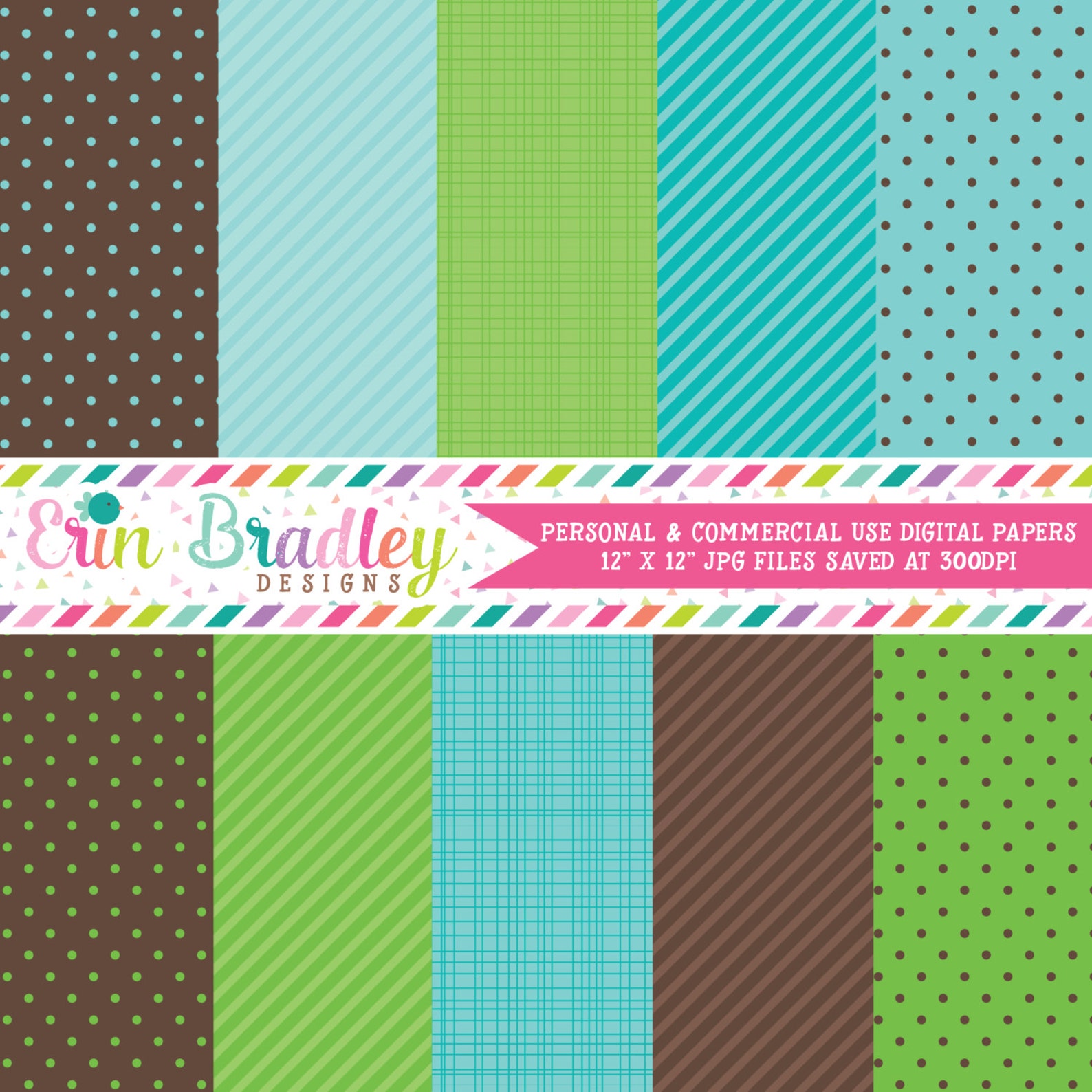 Digital Scrapbooking Paper Pack Blue and Brown Polka Dots and Stripes ...