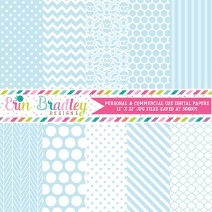 Light Blue Digital Paper Pack Polka Dots Damask Chevron and Striped ...