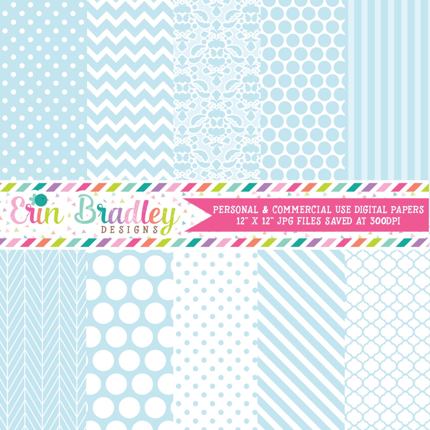 Light Blue Digital Paper Pack Polka Dots Damask Chevron and | Etsy