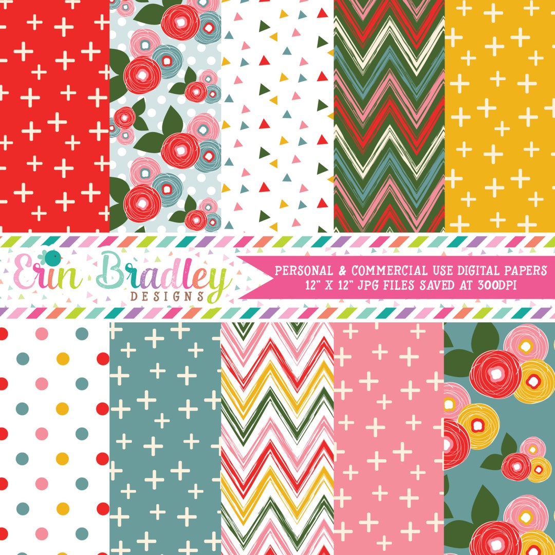 Pink Bloom Digital Paper Pack With Floral Chevron Cross Triangle and ...