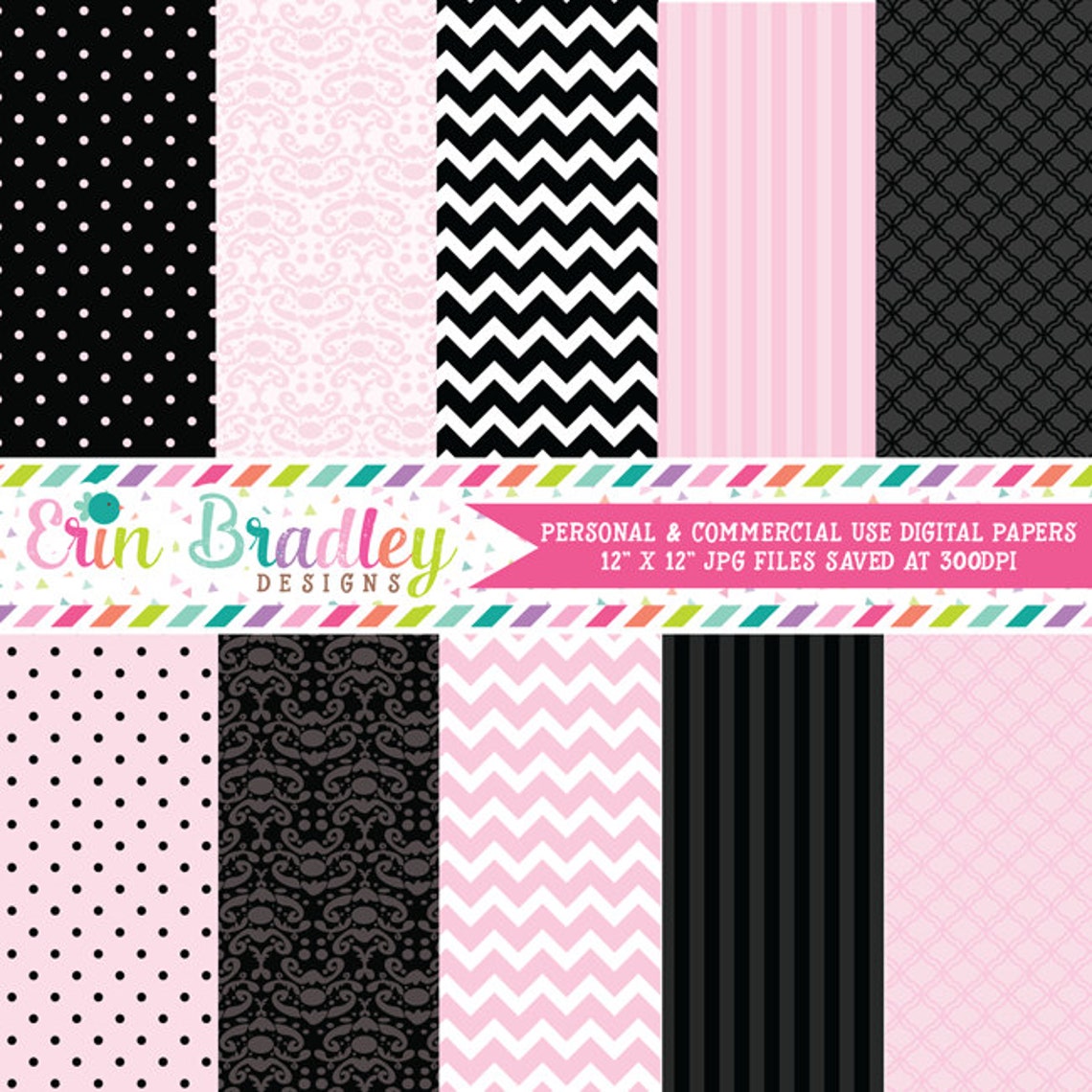 Pink and Black Digital Papers Set Printable Papers Personal & - Etsy
