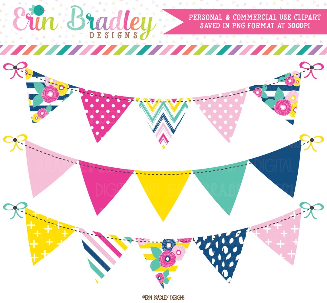 Summer Brights Bunting Clipart: Banner Flag Graphics (PNG, Digital ...