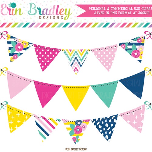 Bunting Clipart Graphics Digital Banner Flags Clip Art in Pink - Etsy