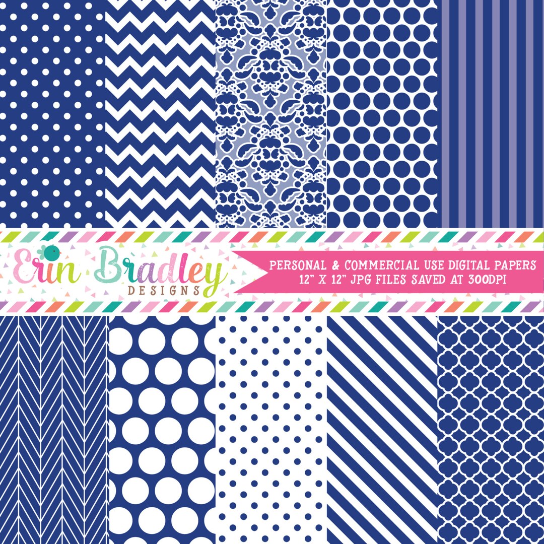 Blue Digital Paper Pack Polka Dots Damask Chevron and Striped ...