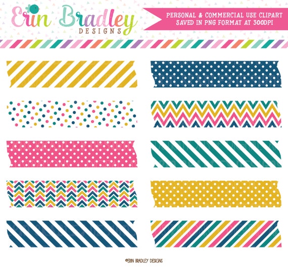 Digital Washi Tape Clipart in Yellow Teal Blue & Pink, Striped and ...