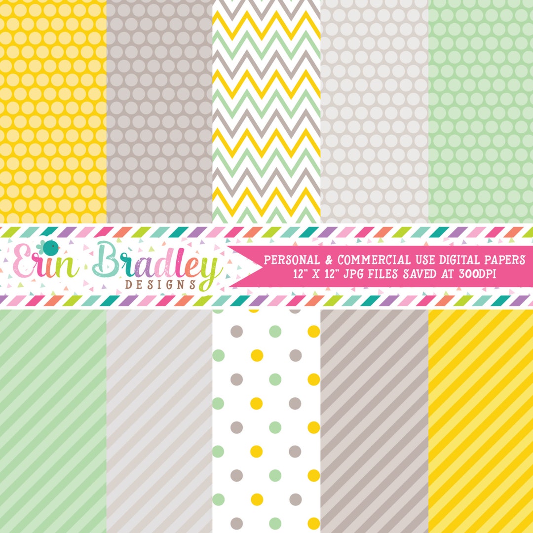 Yellow & Green Digital Paper Set Personal and Commercial Use Printable ...