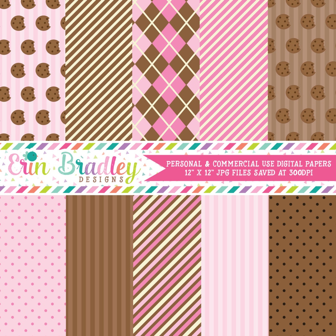 Cookies Digital Paper Pack for Girls Pink & Brown Stripes Polka Dots ...