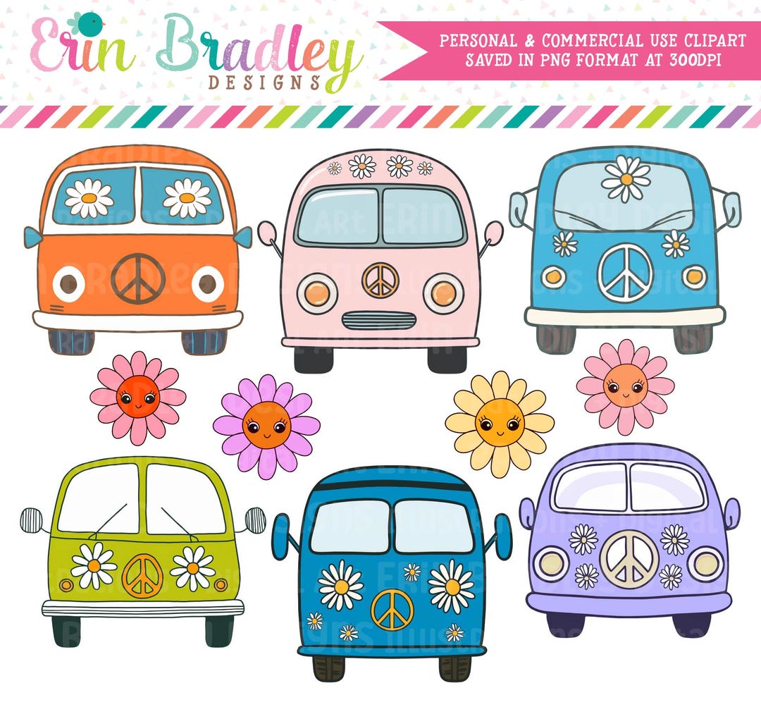 Retro 70s Van Clipart: Daisy Smiley Face Graphics (PNG) - Etsy