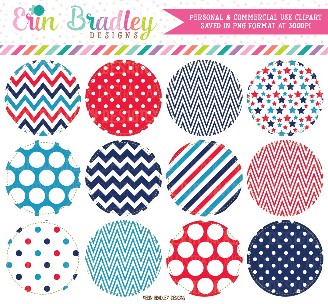 4th of July Digital Circle Frame Clipart Set Holiday Clip Art Graphics Red Blue Stars Stripes ...