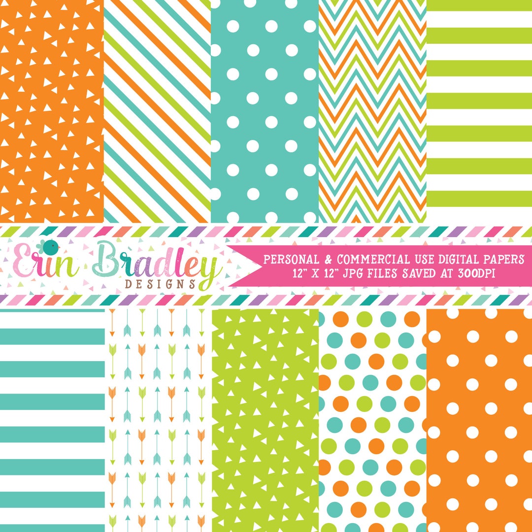 Digital Paper Pack in Orange Teal Blue and Lime Green Commercial Use ...