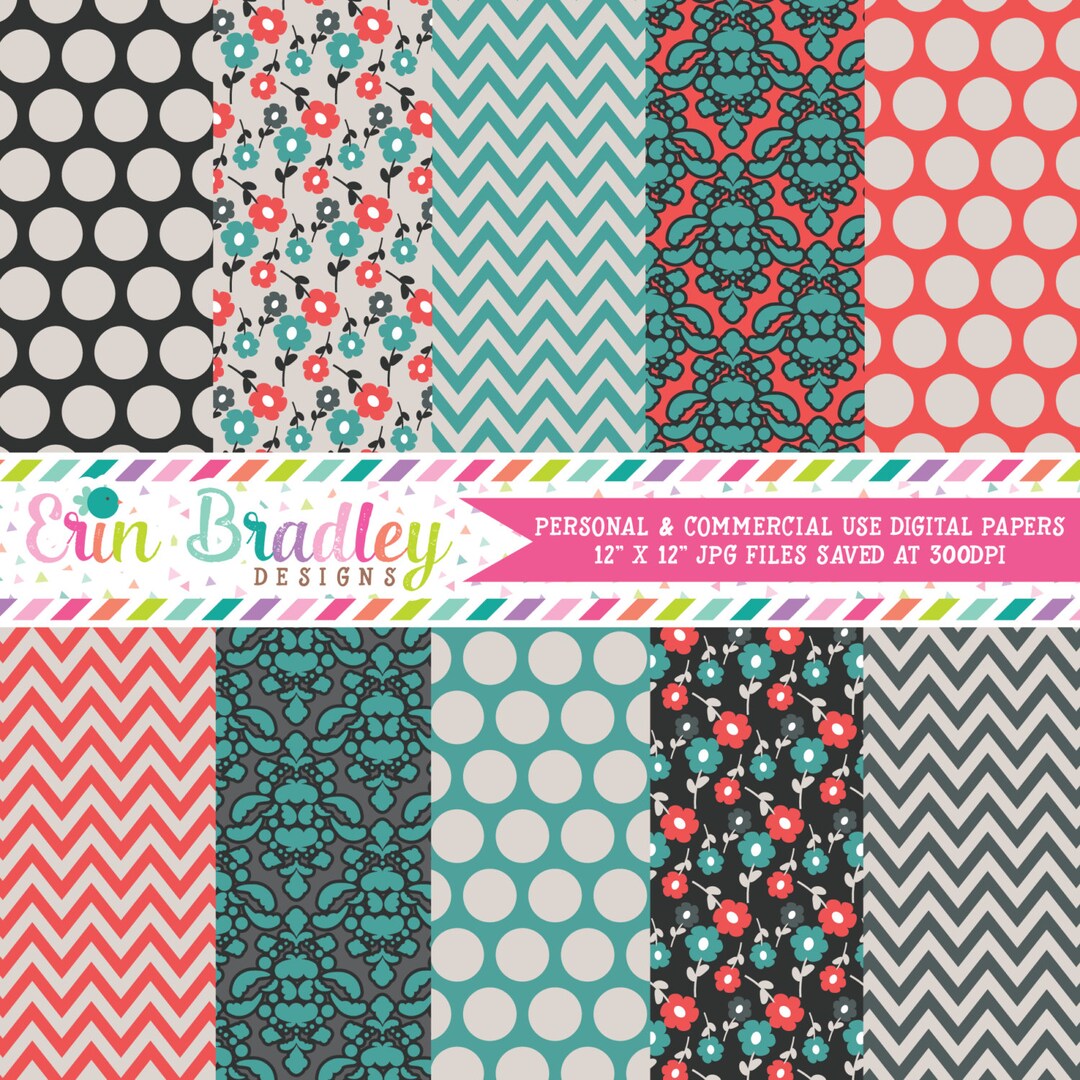 Teal Orange Red Digital Paper Pack Set Polka Dots Chevron and Floral ...
