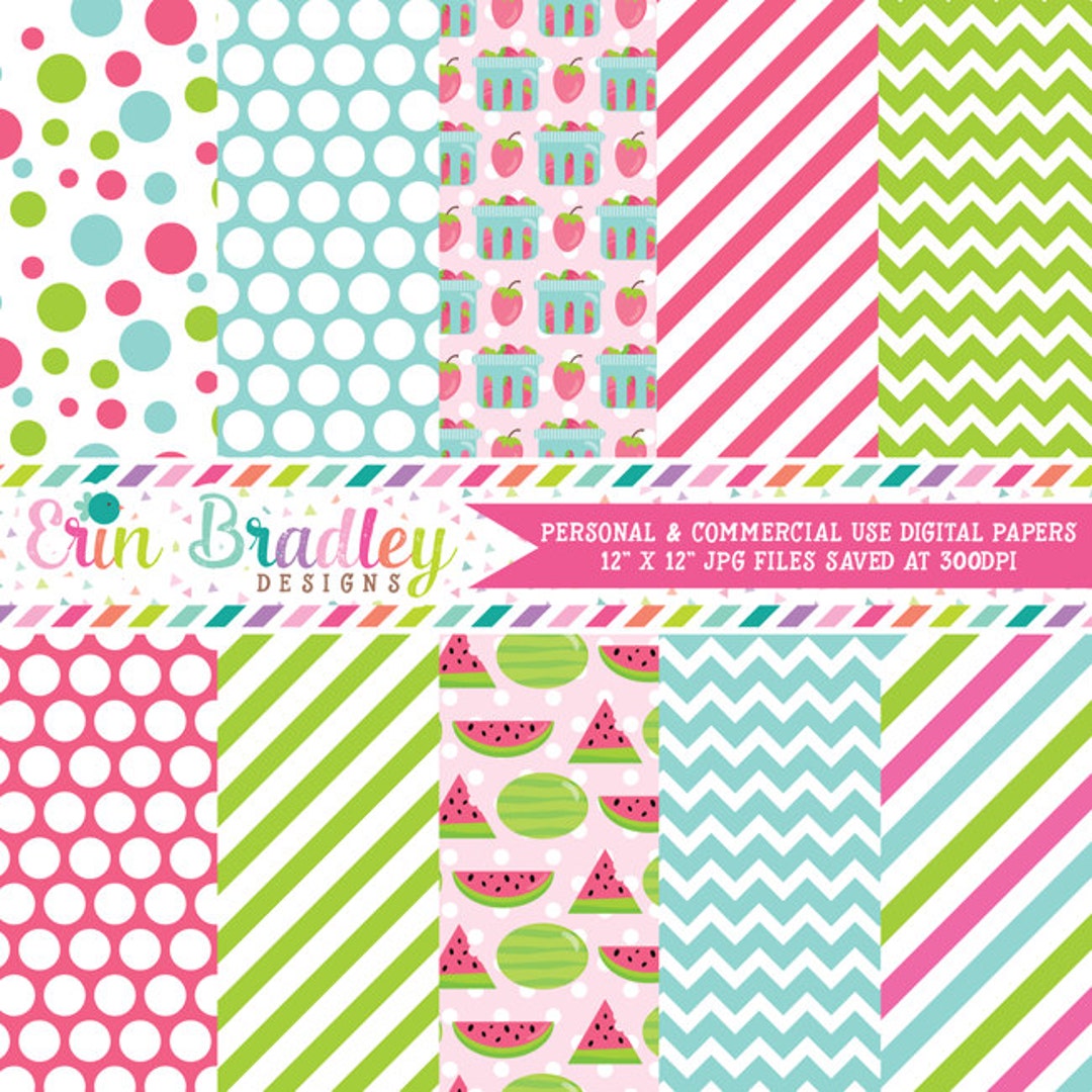 Watermelon Picnic Digital Paper Pack Watermelon Strawberries Chevron ...