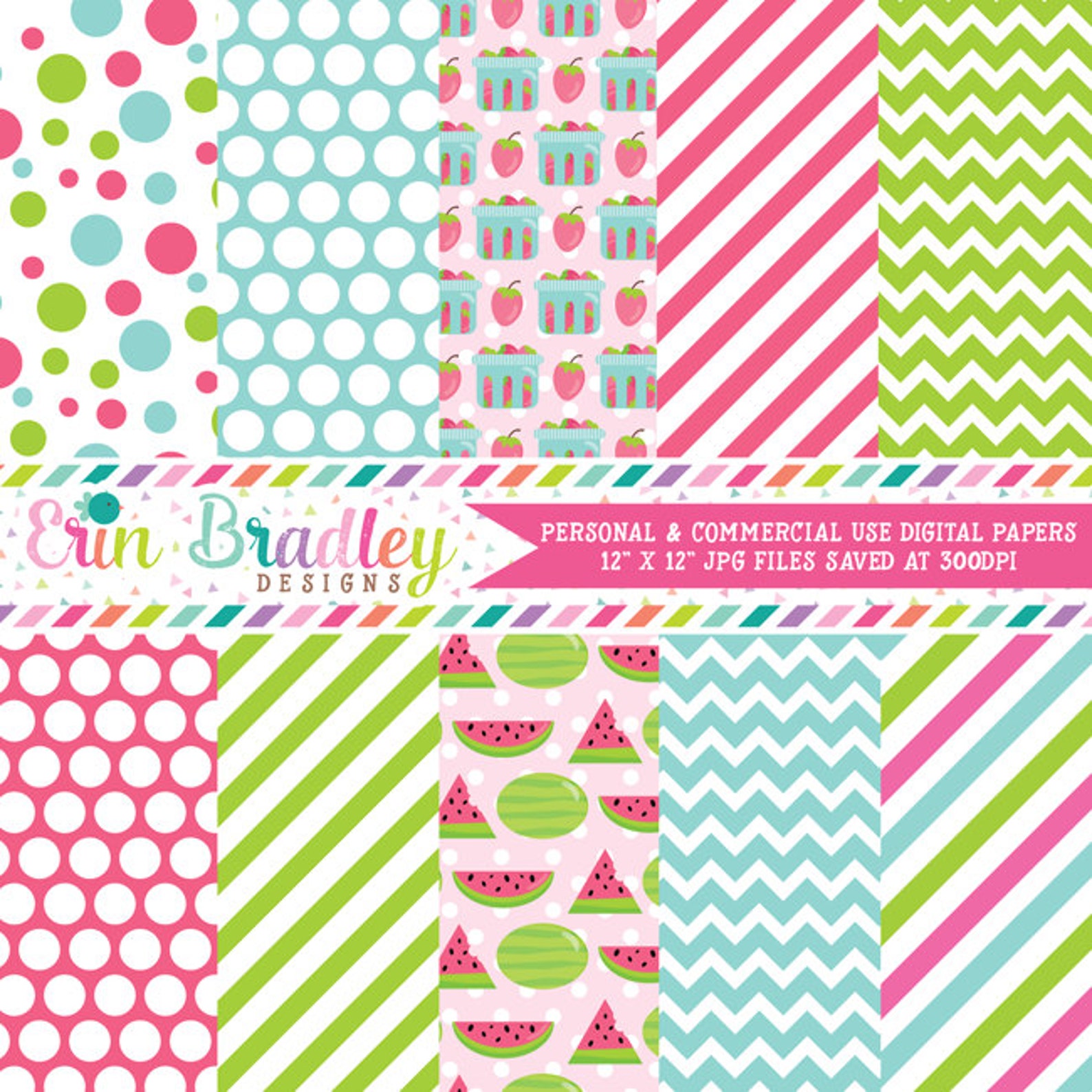 Watermelon Picnic Digital Paper Pack Watermelon Strawberries - Etsy