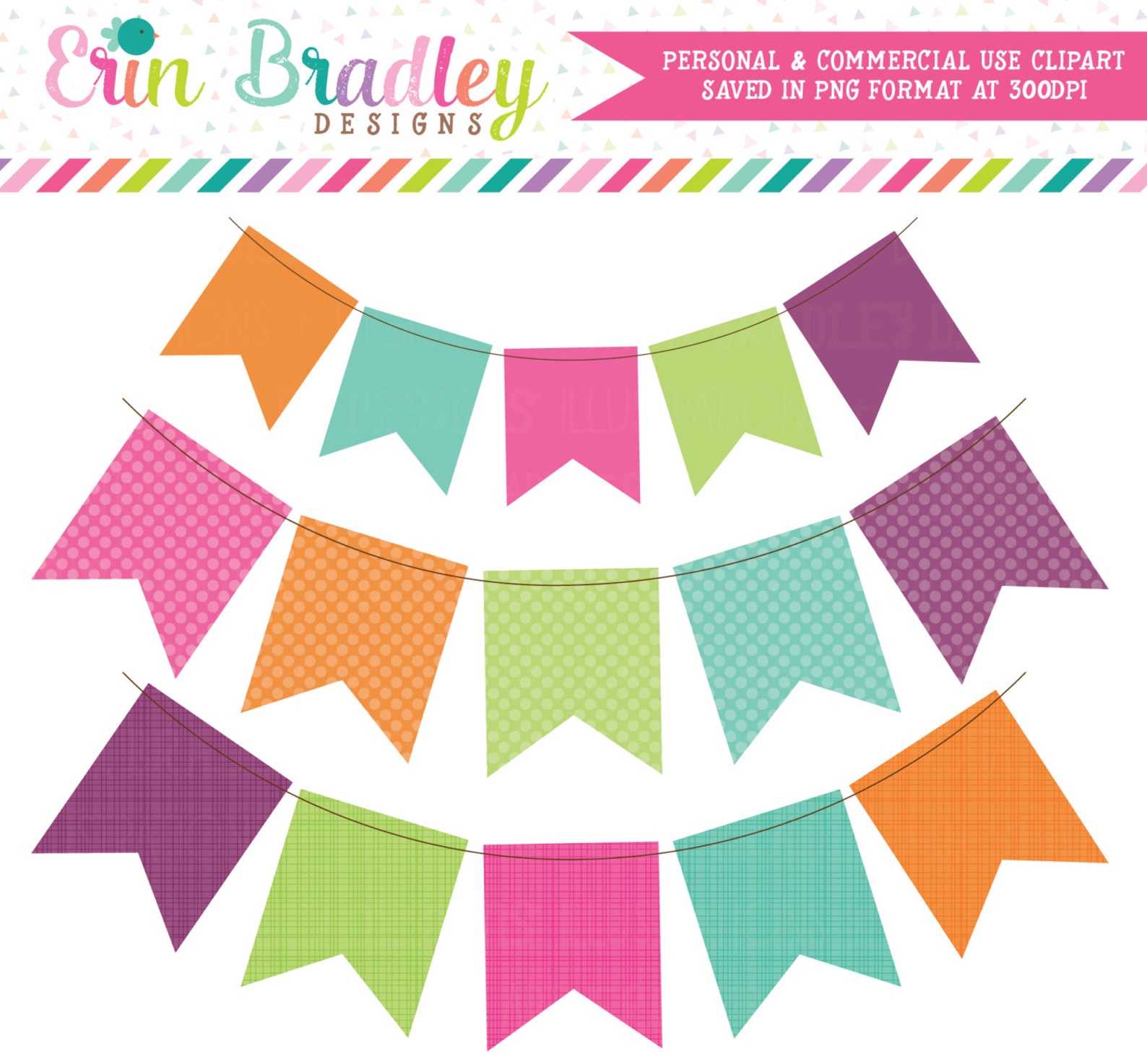 Fiesta Bunting Digital Clip Art Graphics in Pink Orange Green - Etsy
