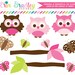 Pink Owl Clipart Butterflies and Tree Branches Commercial Use Digital ...