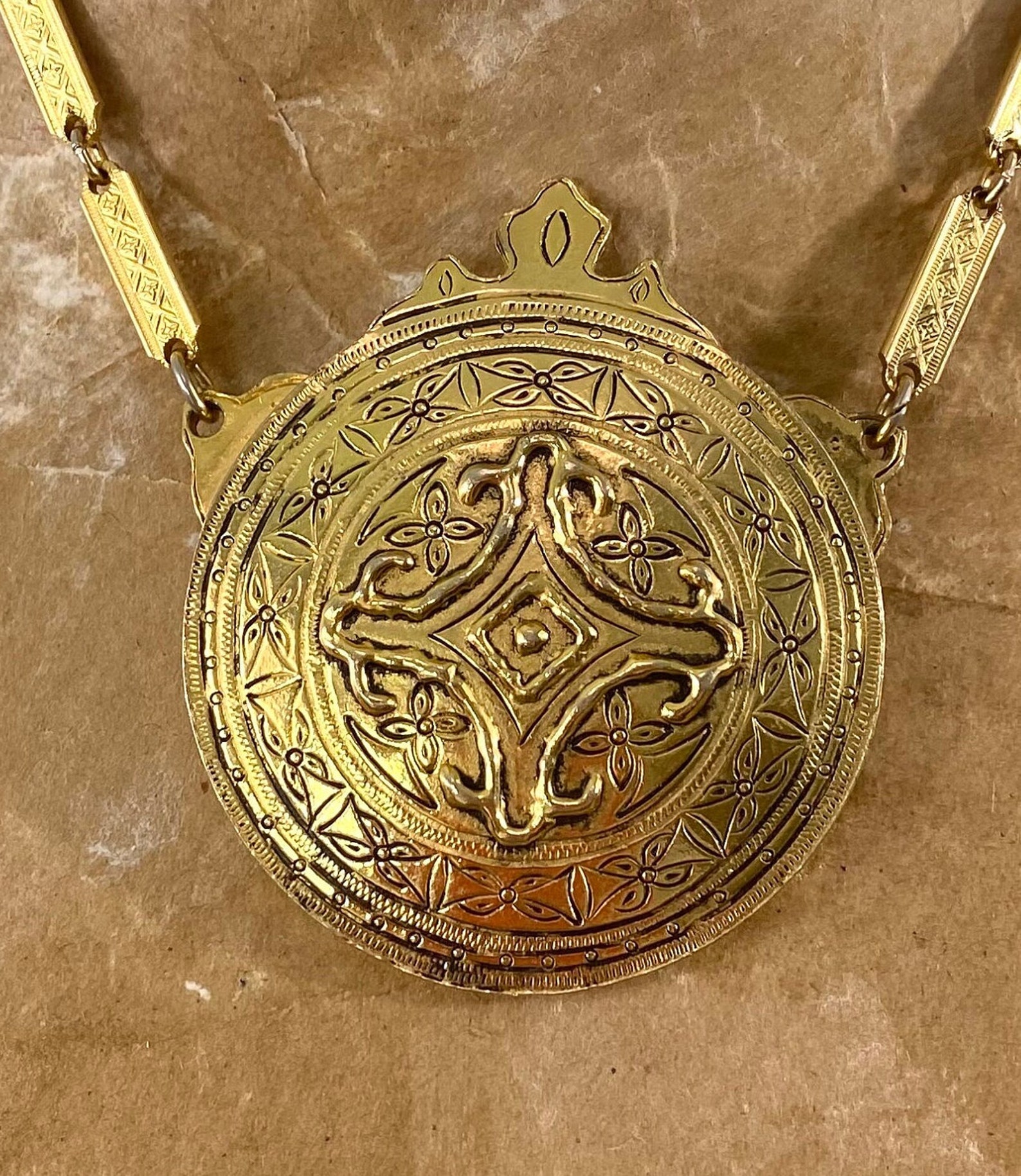 Vintage Accessocraft Huge Medallion Pendant, Gold Tone Statement ...