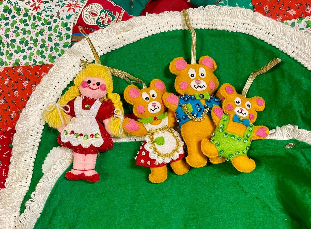 Vintage Stuffed Felt Goldilocks & the Three Bears Ornaments, Colorful ...