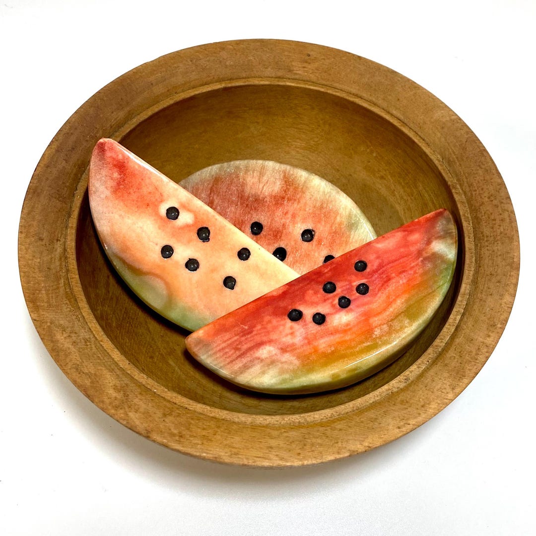 3 Vintage Alabaster Stone Watermelon Fruit Slices, Bright Pink Carved ...