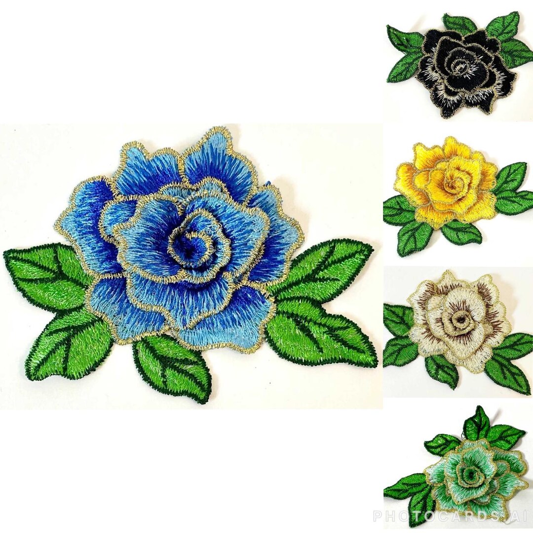 Rose Flower Patch With Blue, Yellow, Teal , Cream, or Black With Green ...
