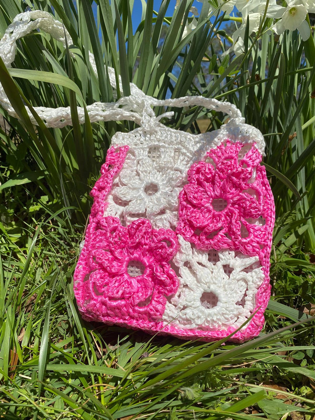 Vintage Pink Plastic Crochet Shoulder Bag, , Boho Hippie Purse, Bright ...
