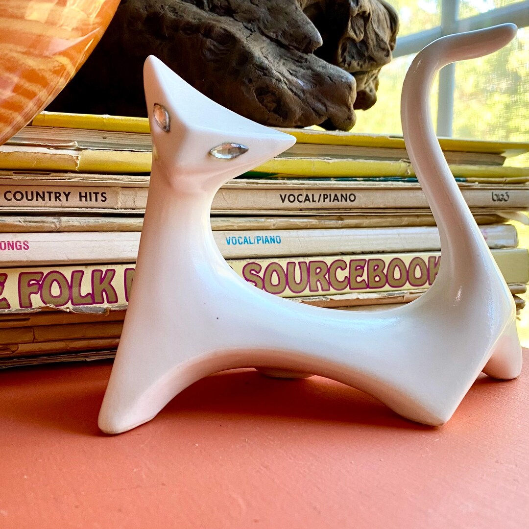Vintage Cubist White Cat Figurine Rhinestone Eyes 1950s Atomic Era ...