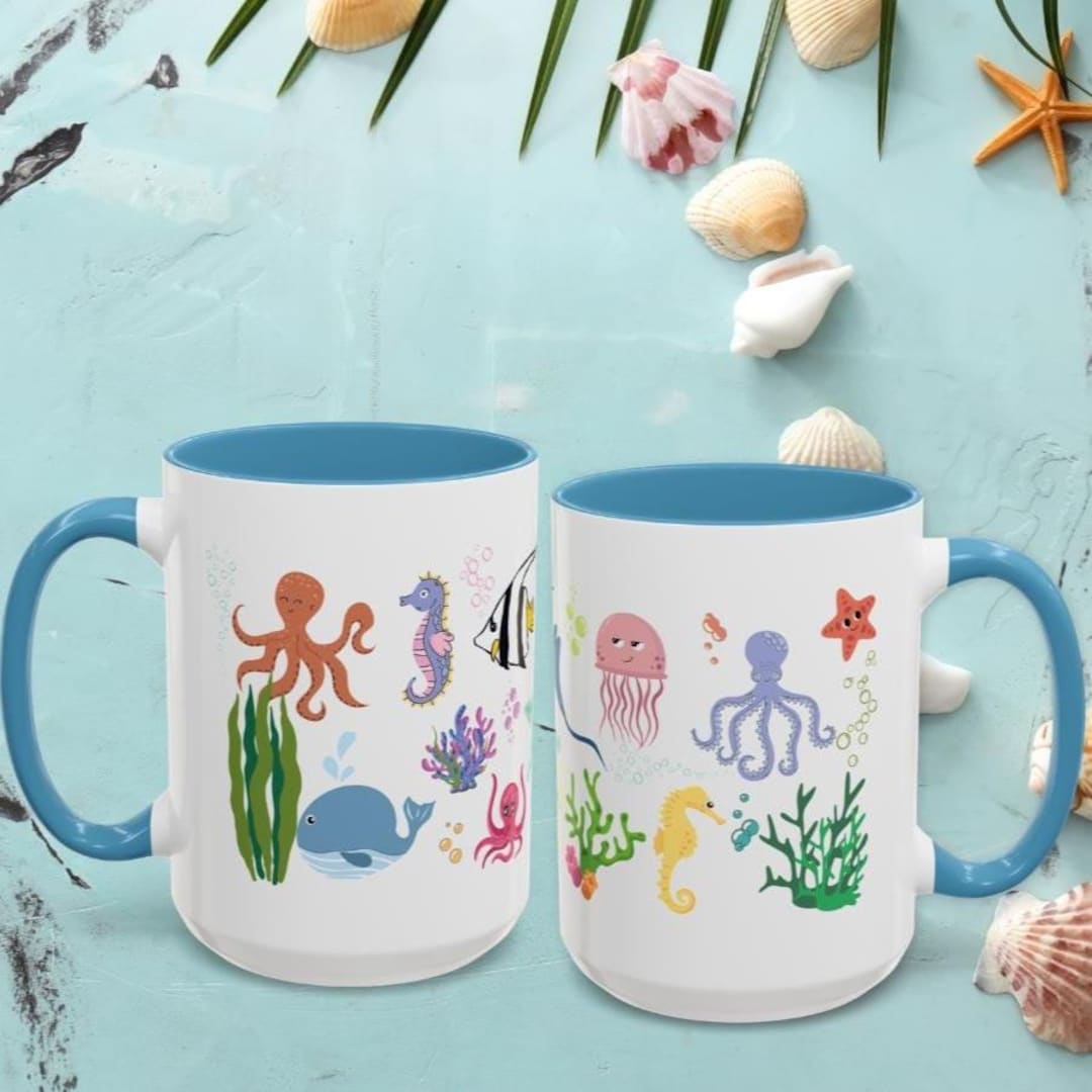 Colorful Sea Life Mug, Underwater Adventure Cartoon, Ceramic Coffee Cup ...