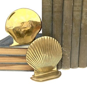 Vintage Solid Brass Sea Shell Bookend Pair, MCM 1970s Boho Chic Clamshell Beach House Decor ...
