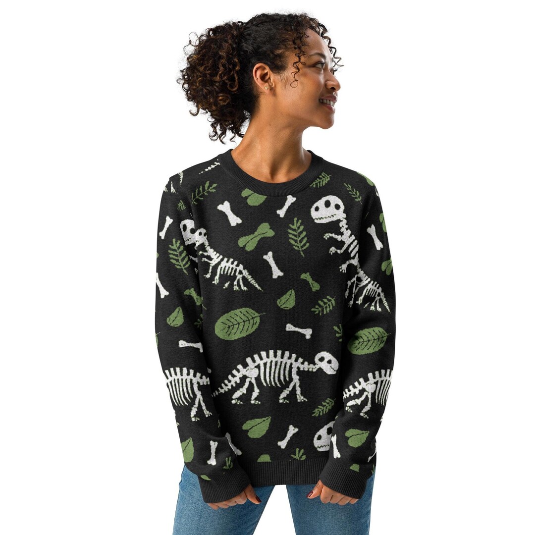 Dinosaur Skeleton Knitted Sweater, Fossil Print Crewneck, Cozy Unisex ...
