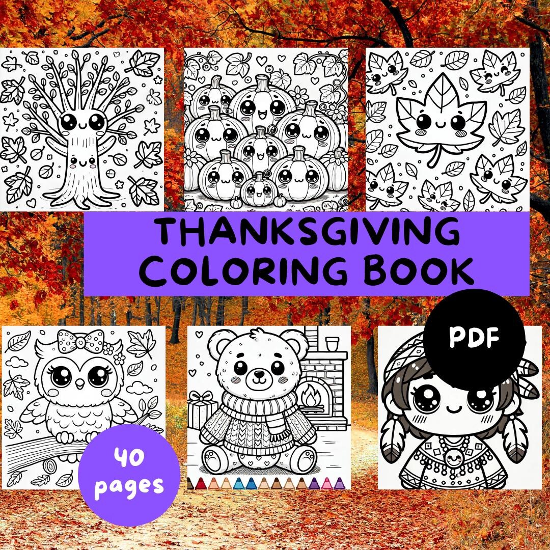 Thanksgiving Kawaii Coloring Book Printable Fall Activity Sheets for ...