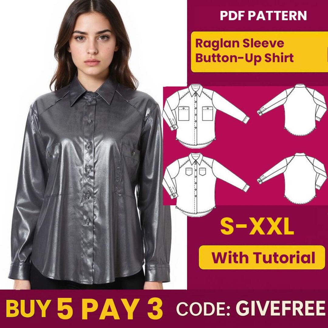 Buy Raglan Sleeve Button-up Blouse Sewing Pattern (PDF Download ...