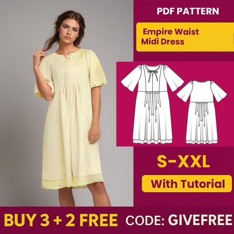 Empire Waist Midi Dress Sewing Pattern: Beginner Friendly (PDF Download ...