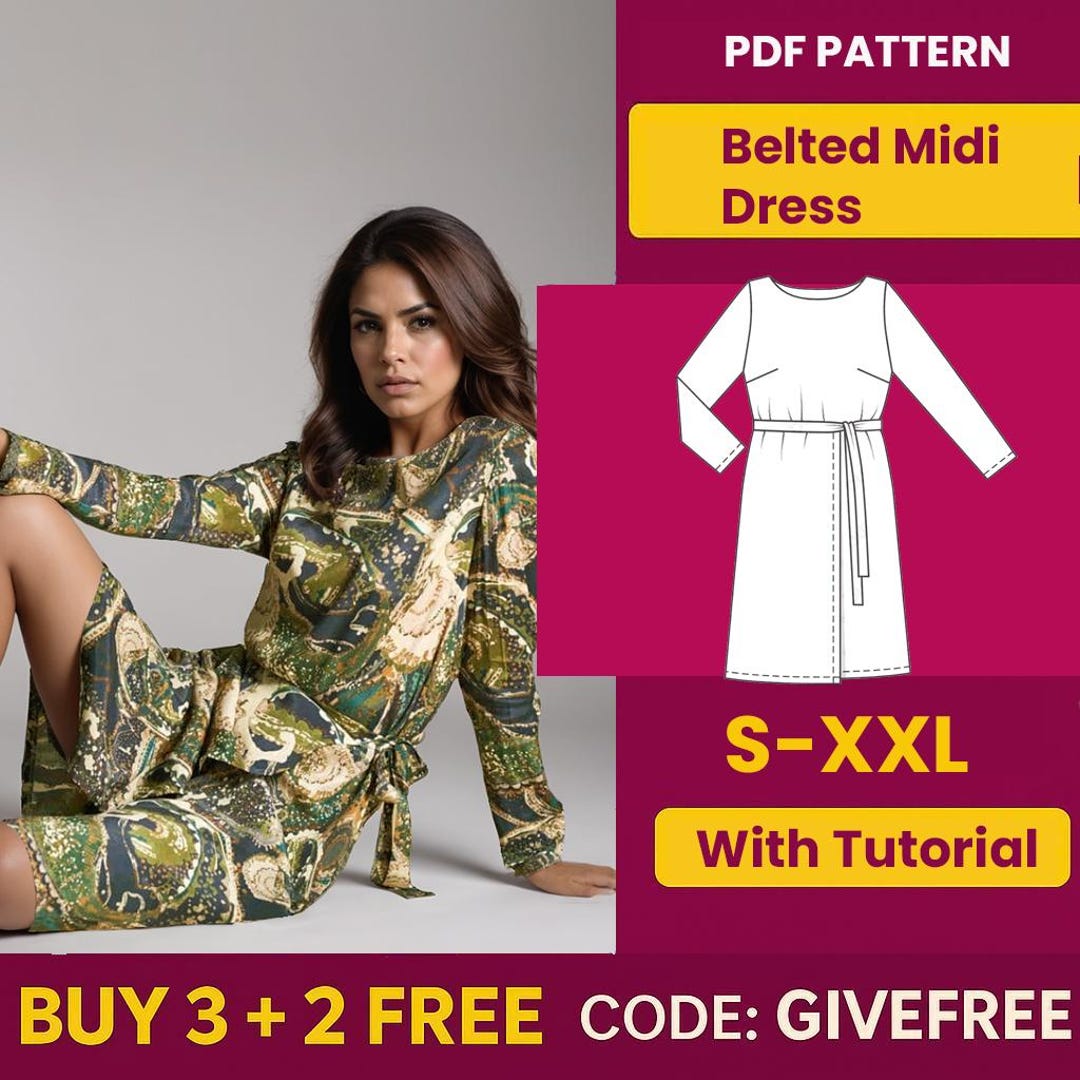 Belted Midi Dress Sewing Pattern PDF: Beginner-friendly DIY (digital ...