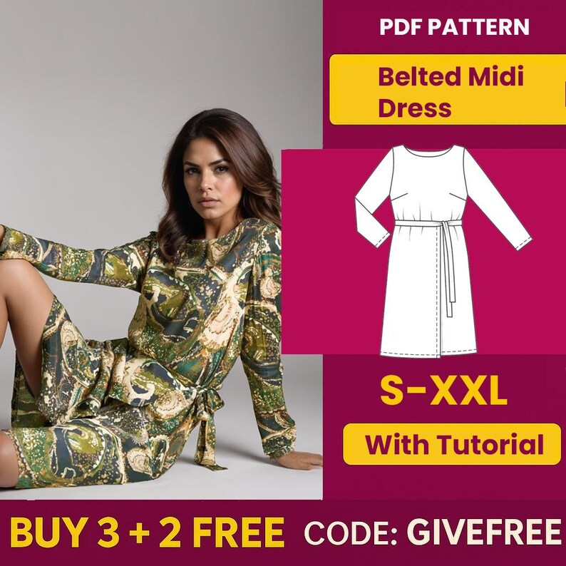 Belted Midi Dress Sewing Pattern PDF: Beginner-friendly DIY (digital ...