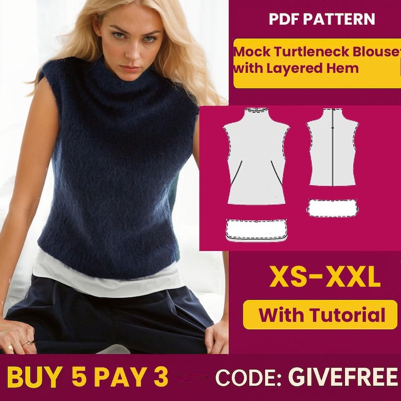 Mock Turtleneck Blouse Sewing Pattern: Sleeveless Layered Hem Top (PDF ...