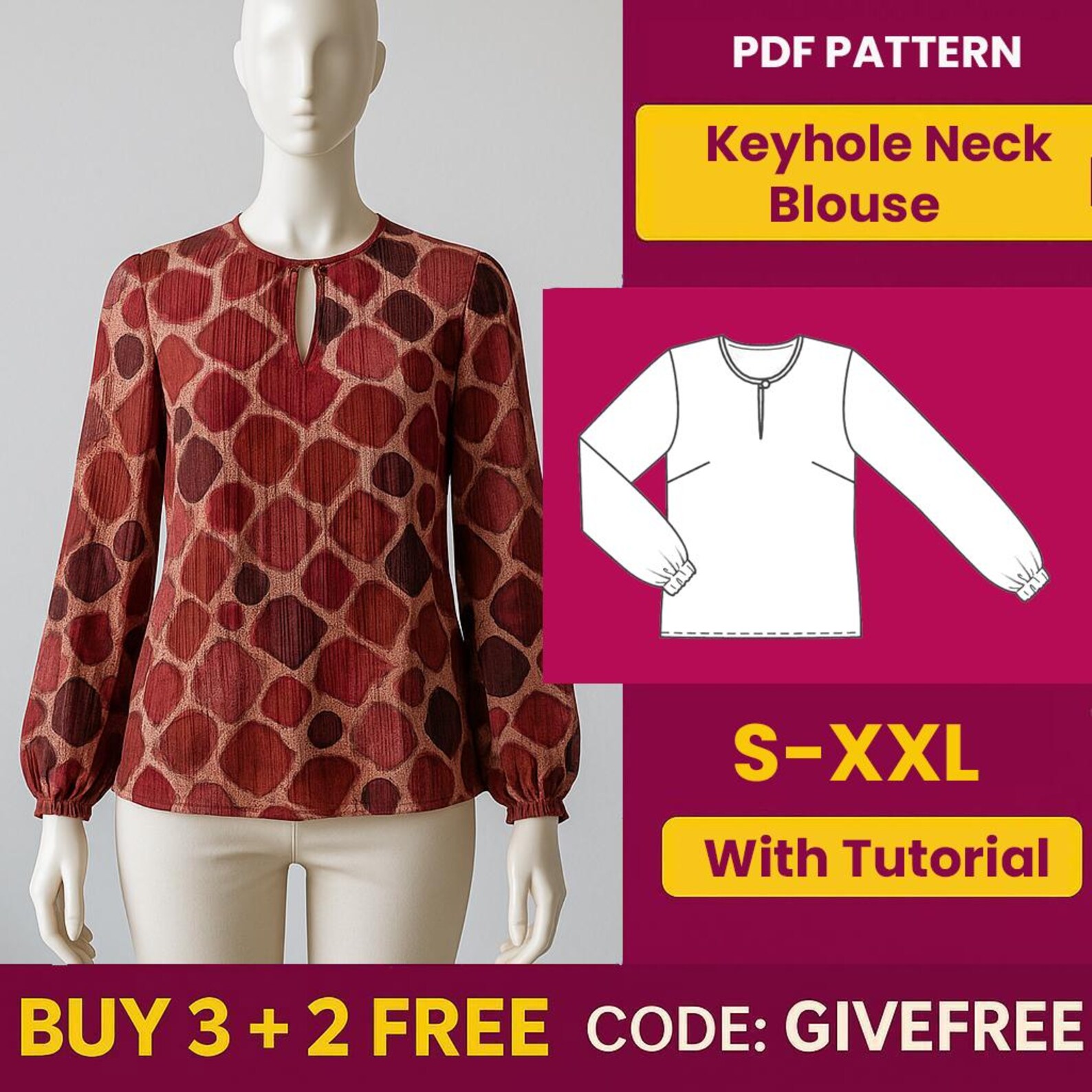 Keyhole Neck Blouse Sewing Pattern: Beginner DIY Women's Top (PDF ...