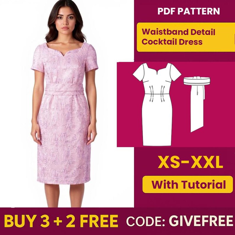 Cocktail Dress Sewing Pattern PDF: Beginner Friendly Waistband Detail ...