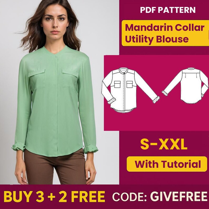 Mandarin Collar Blouse Sewing Pattern: Beginner-friendly PDF (sizes S ...