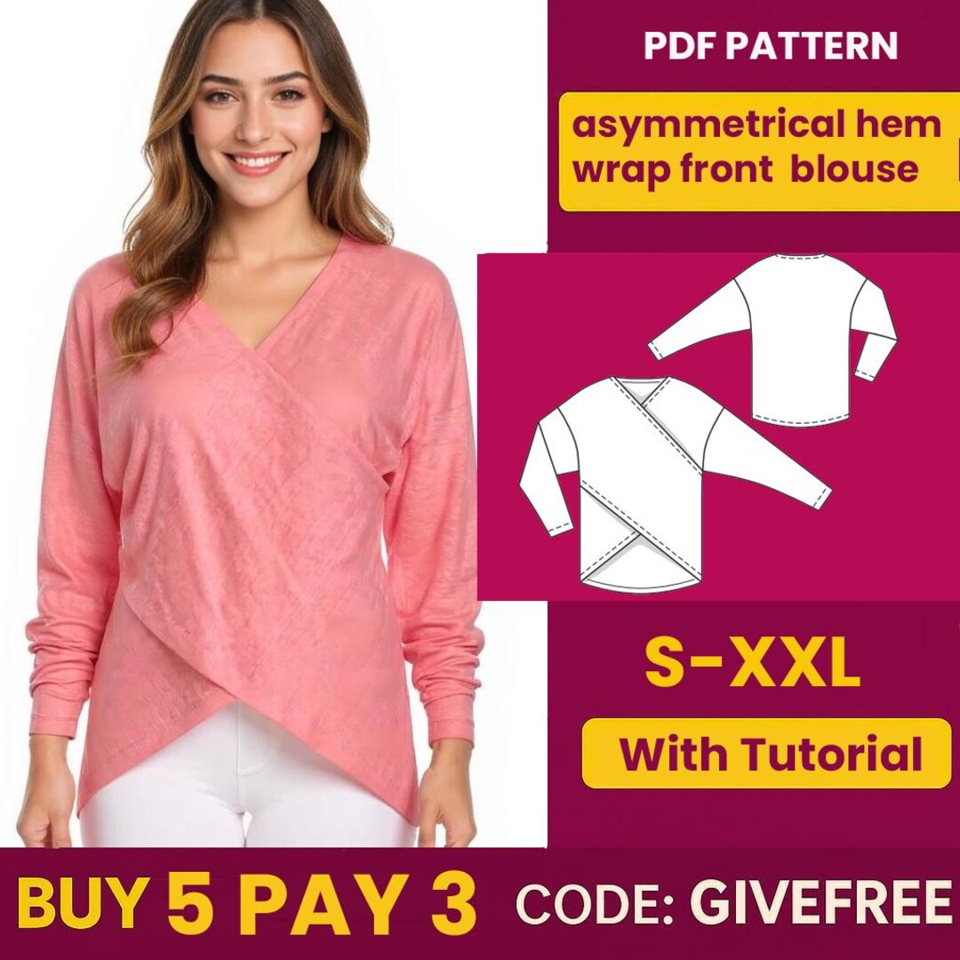 Wrap Front Blouse Sewing Pattern: Asymmetrical Hem Top (PDF Download, S ...