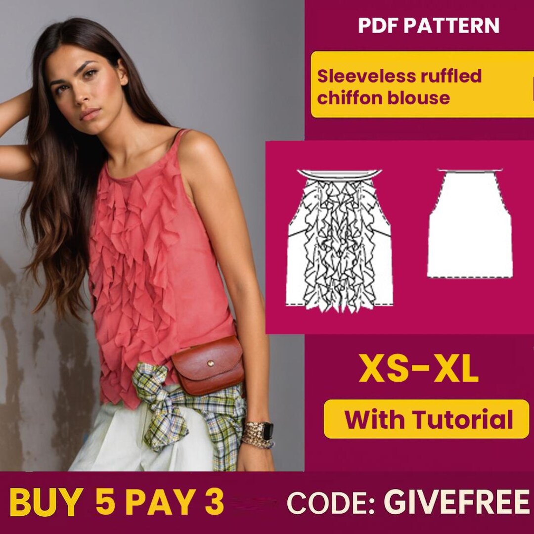 Ruffled Chiffon Blouse Sewing Pattern: Beginner-friendly Sleeveless Top ...