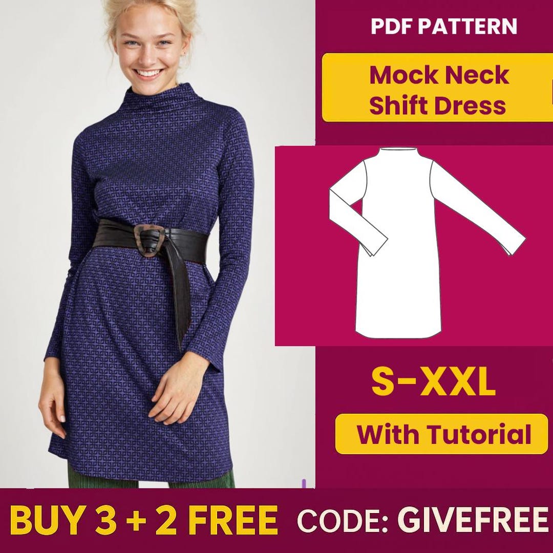 Mock Neck Shift Dress Sewing Pattern: Beginner-friendly DIY (PDF ...