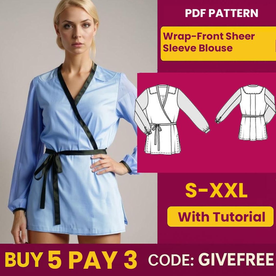 Wrap-front Blouse Sewing Pattern: Sheer Sleeve DIY Top (PDF Pattern A4 ...