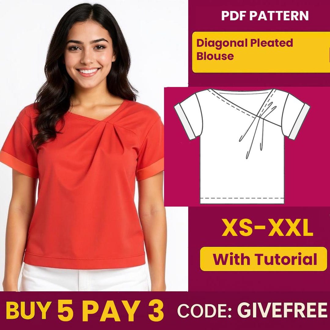 Diagonal Pleated Blouse Sewing Pattern: Beginner-friendly PDF (S-XXL A4 ...