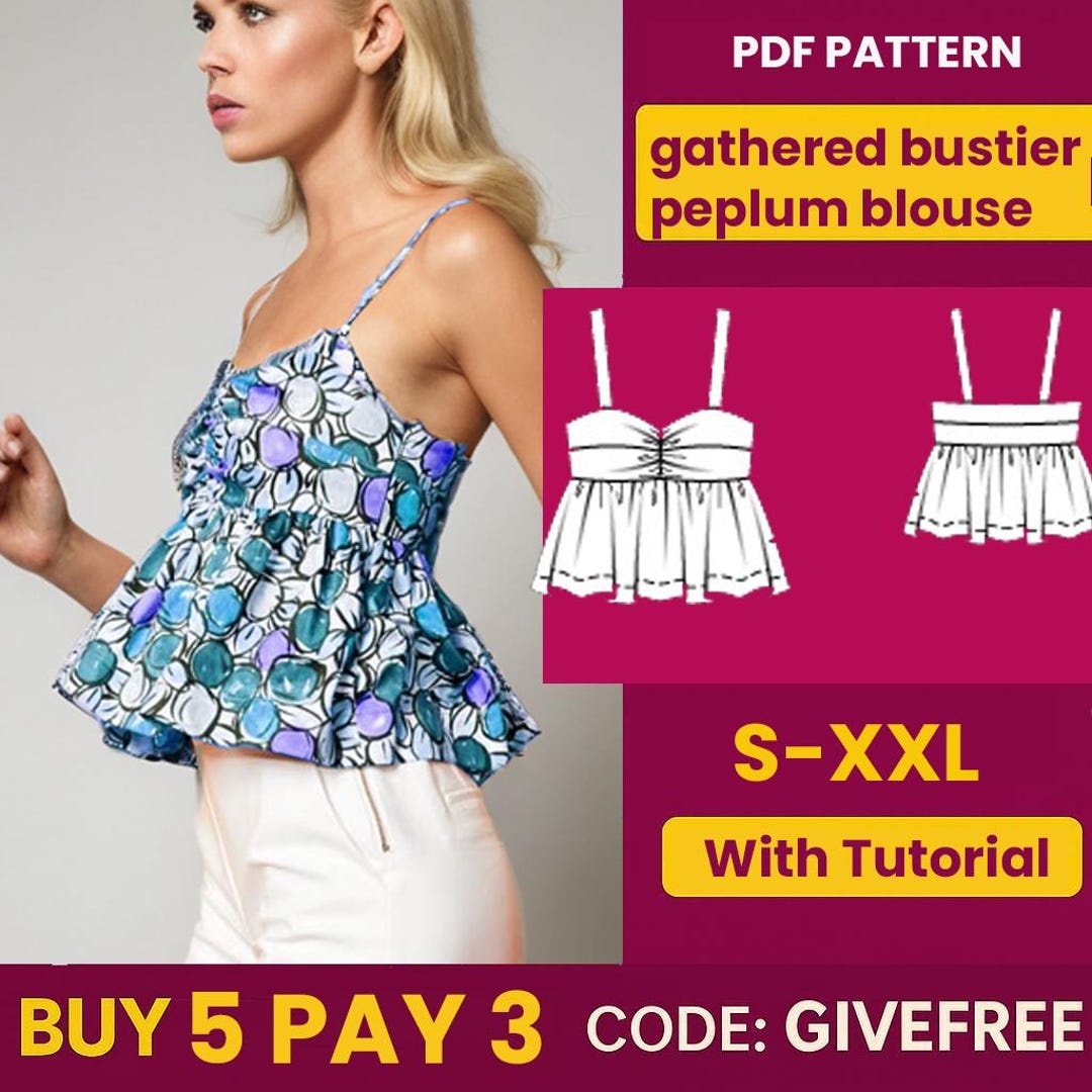 Peplum Blouse Sewing Pattern: Gathered Bustier Top (PDF Pattern, S-XXL ...