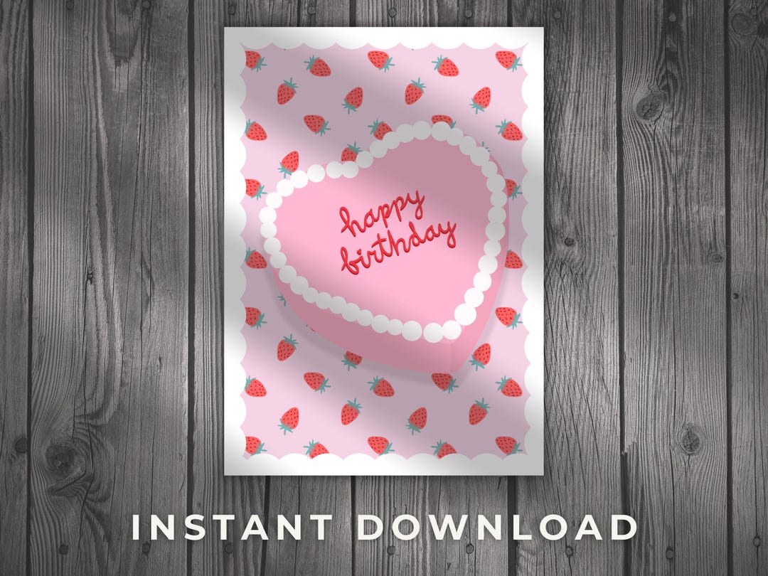 Strawberry Birthday Card Cute Printable Digital Card Happy Birthday ...