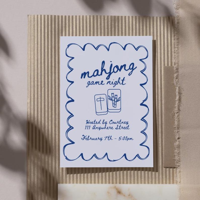 Editable Mahjong Game Night Invitation: Navy Scallop Design (canva ...