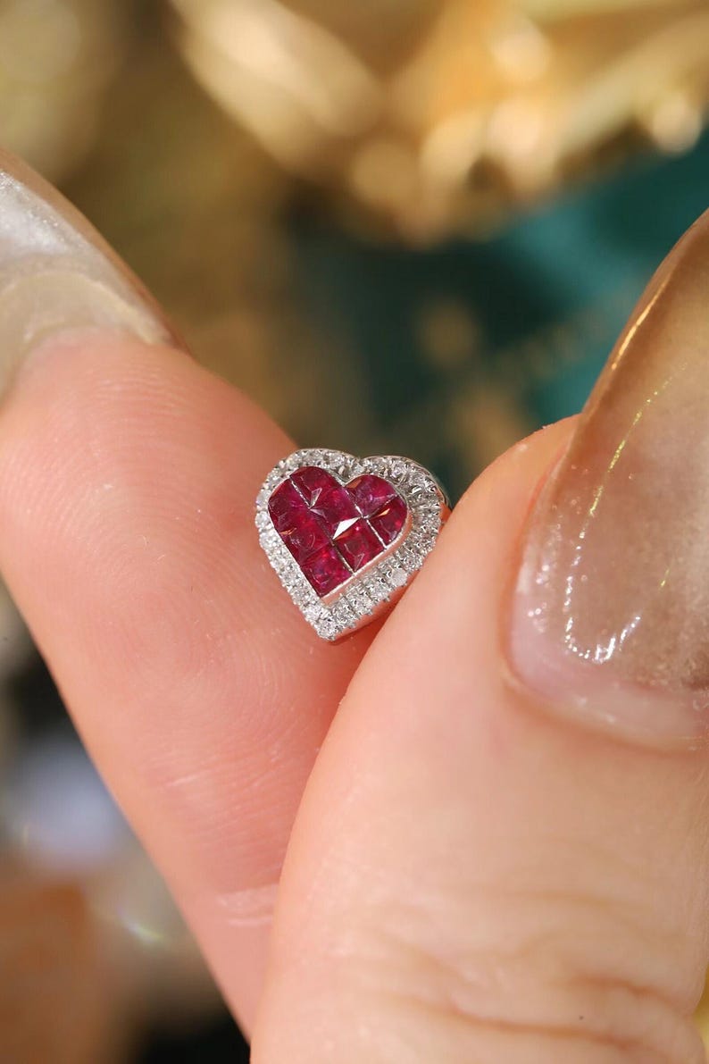 Classic Ruby Heart Earrings 18K Solid Gold Real Ruby Diamond Heart Stud ...