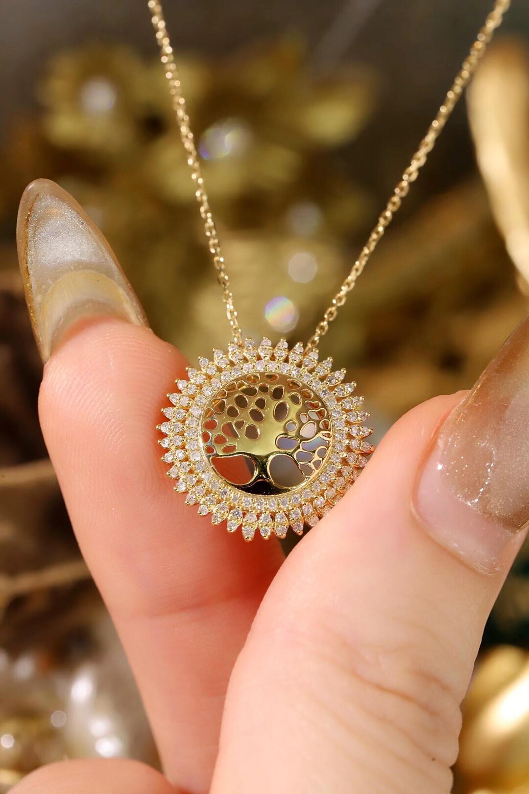 Tree of Life Diamond Necklace 18K Gold With 0.30ct Real Diamond Family ...