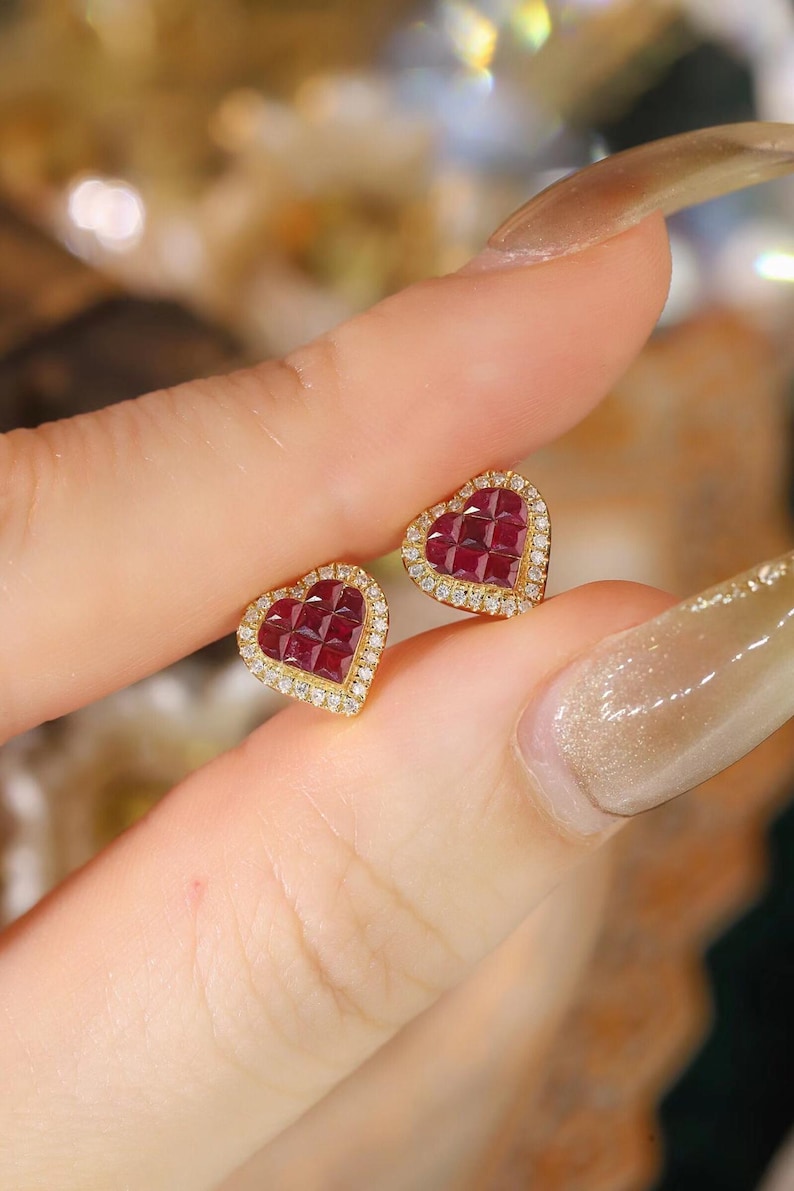 Classic Ruby Heart Earrings 18K Solid Gold Real Ruby Diamond Heart Stud ...