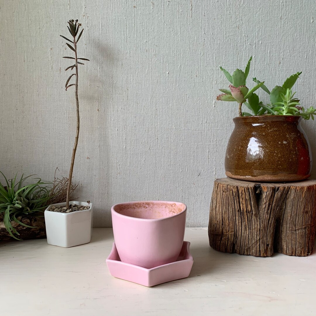 Vintage Pink Mid Century Planter Pot With Tray Matte Pale Pink Plant ...