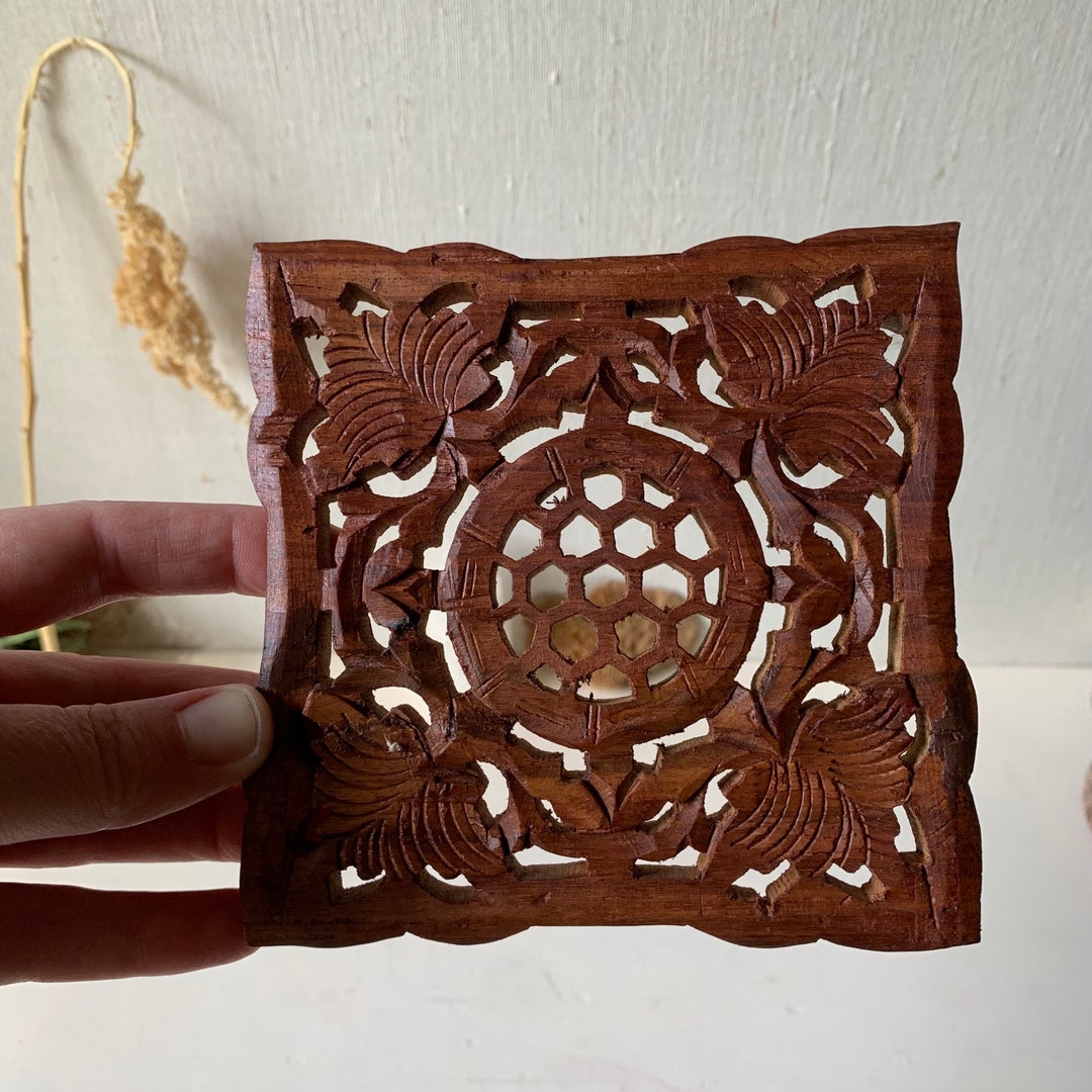 Vintage Carved Wood Trivet - Ornate Footed Openwork Cutout Plant Stand ...